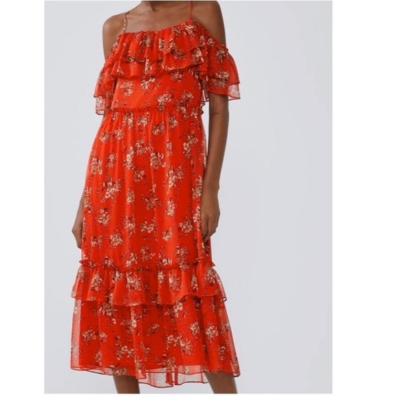 Zara | Dresses | Zara Red Floral Printed Dress With Ruffled Details ...